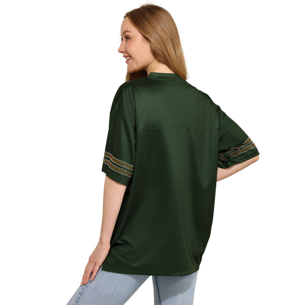 Green Bay Packers NFL Womens Rhinestone Logo Oversized V-Neck Mesh T-S
